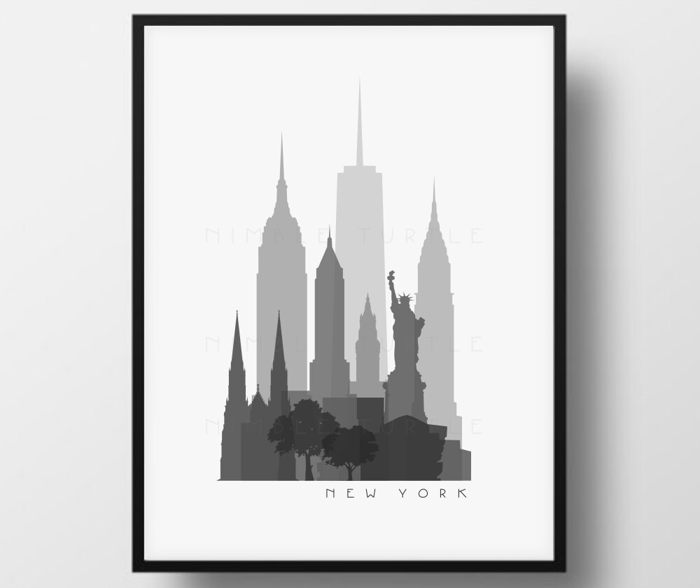 New York Skyline Printable Download Black and White | Etsy