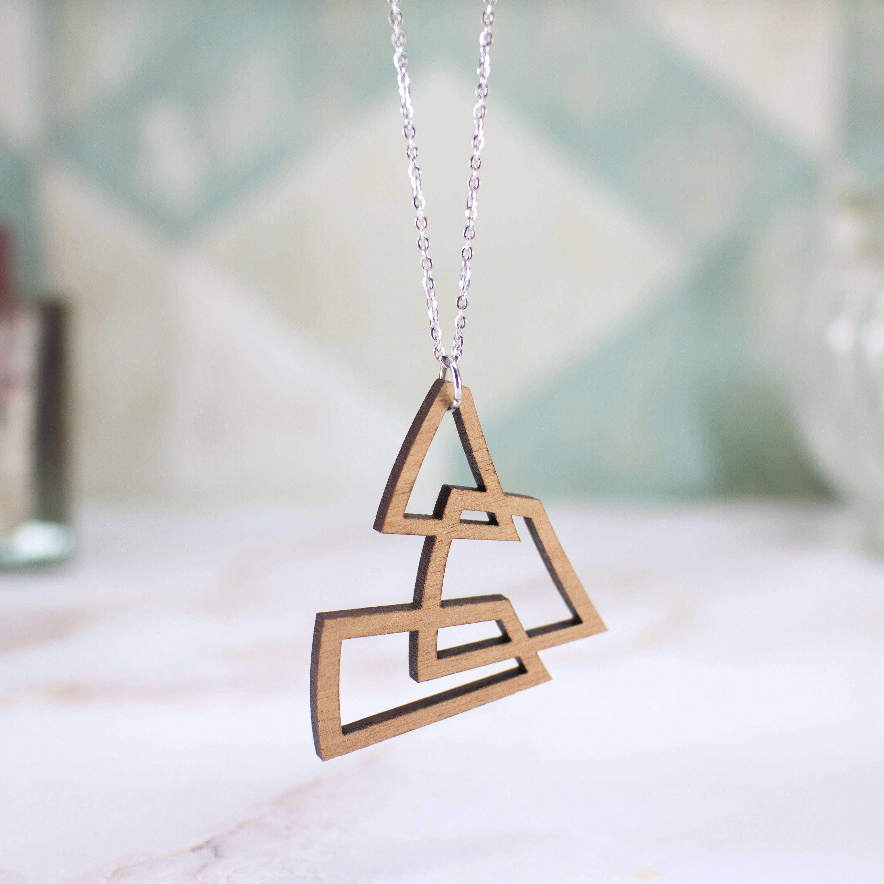 Walnut Wood Necklace, Laser Cut Necklace, Geometric Necklace, Wooden ...