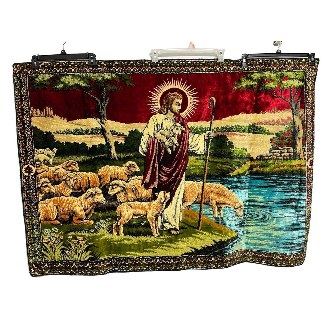Vintage Jesus Shepherd Leading Sheep to Water Tapestry Wall Hanging - Etsy