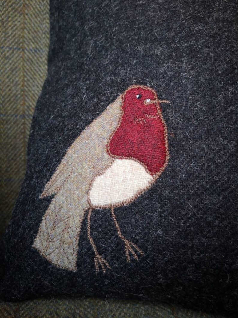 Hand Crafted Harris Tweed Robin Embroidered Cushion Cover - Etsy