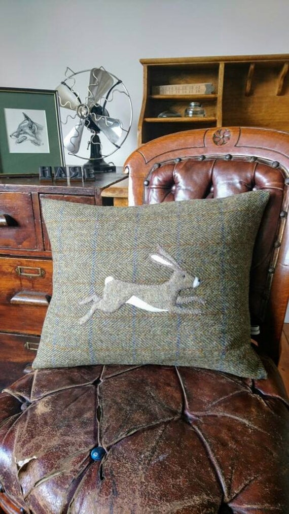 Hand Crafted Harris Tweed Hare Embroidered Cushion Cover | Etsy UK