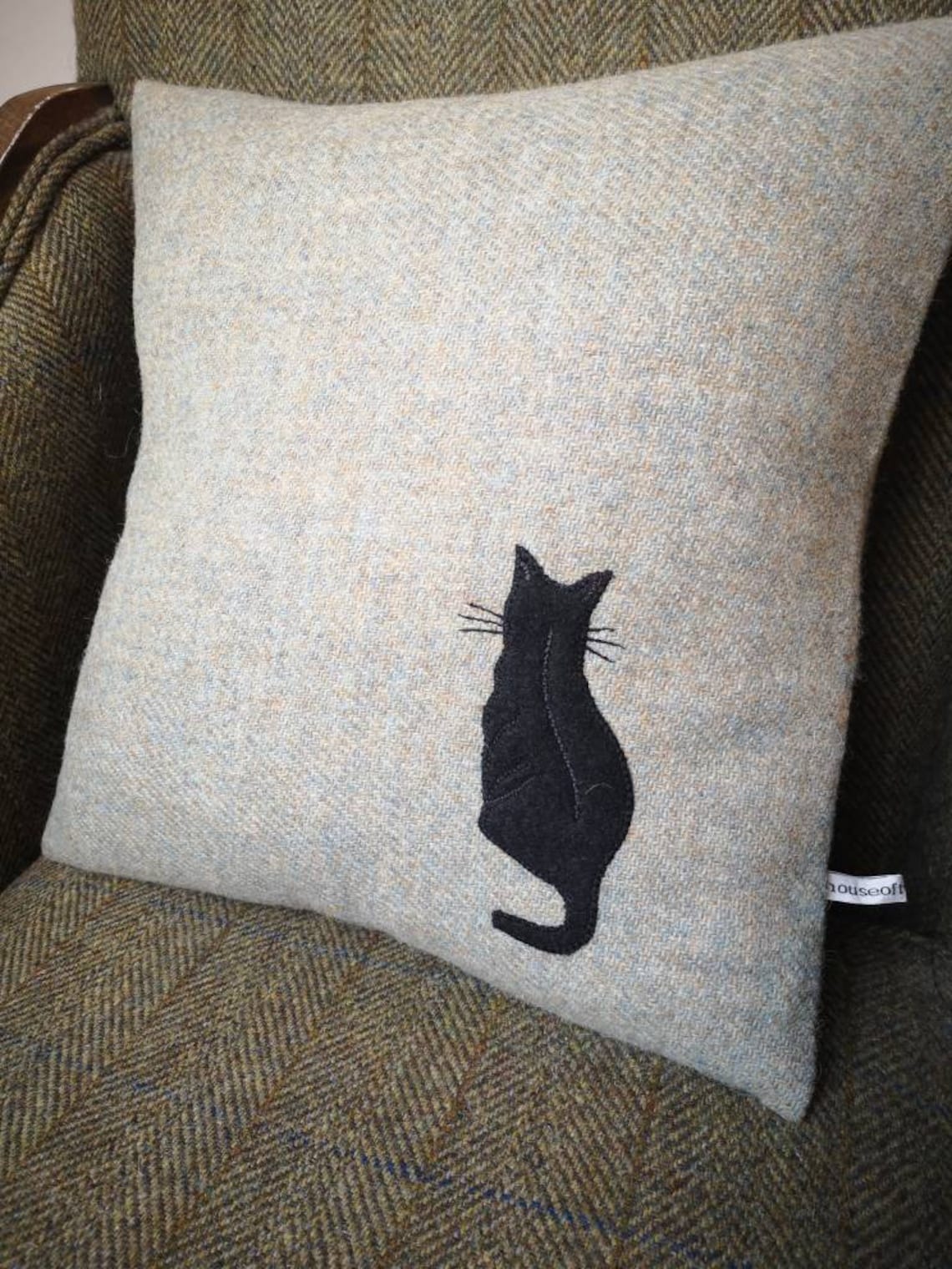 Hand Crafted Harris Tweed Little Cat and a Bee Embroidered Cushion ...