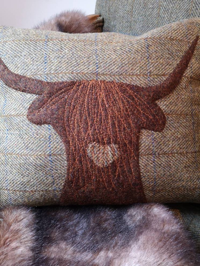 Hand Crafted Harris Tweed Highland Cow Embroidered Cushion Cover - Etsy