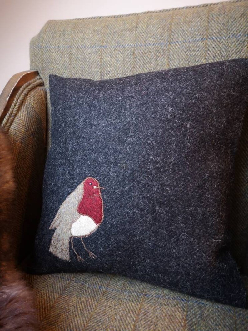 Hand Crafted Harris Tweed Robin Embroidered Cushion Cover - Etsy