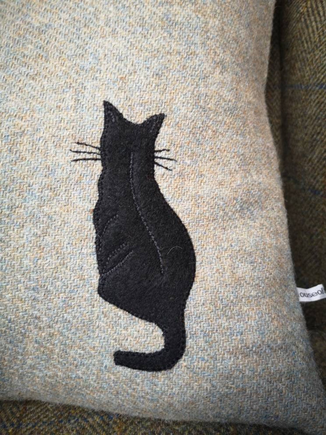 Hand Crafted Harris Tweed Little Cat and a Bee Embroidered Cushion ...
