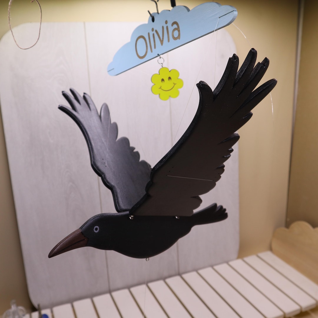 Wooden Raven, Handmade Mobile, Bird Mobile, Flying Bird Decor, Wood ...
