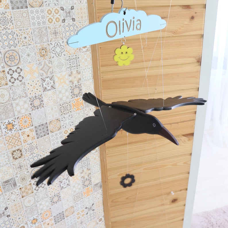 Handmade Wooden Raven Mobile: Flying Bird Decor With Moving Wings - Etsy