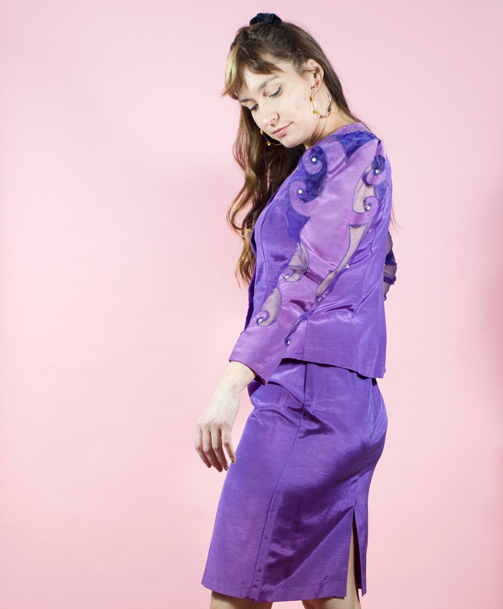 80s Two Piece Suit Mob Wife Avant Garde Purple Party Suit Sheer Swirl ...