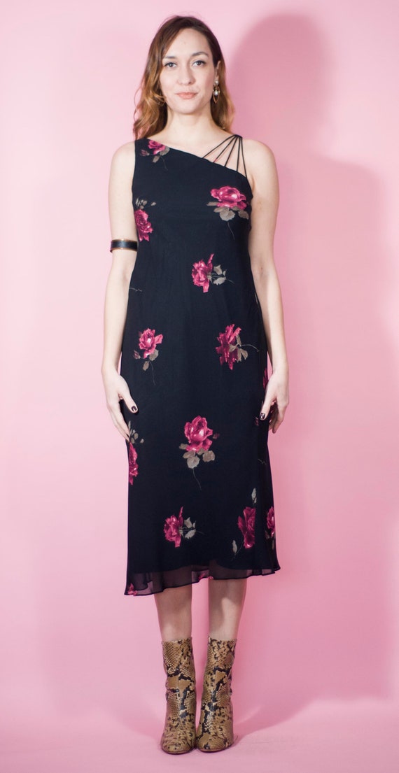 Vintage Floral 90s Rose Print Slip Dress One-Shoulder… - Gem