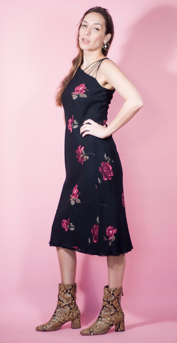 Vintage Floral 90s Rose Print Slip Dress One-Shoulder… - Gem