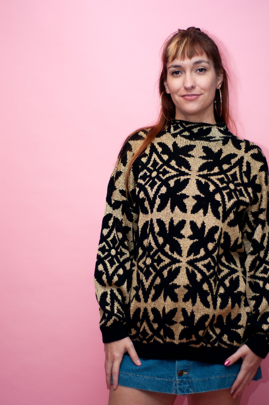 1990 80s Vintage Gold Kalaidascope Pointsetta Metallic Sweater Oversize ...