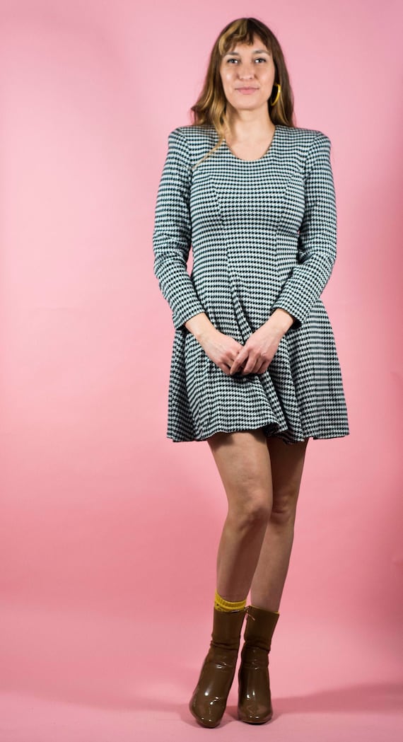 Vintage 1990 80s Houndstooth Mini Dress Twirl Cute Bl… - Gem