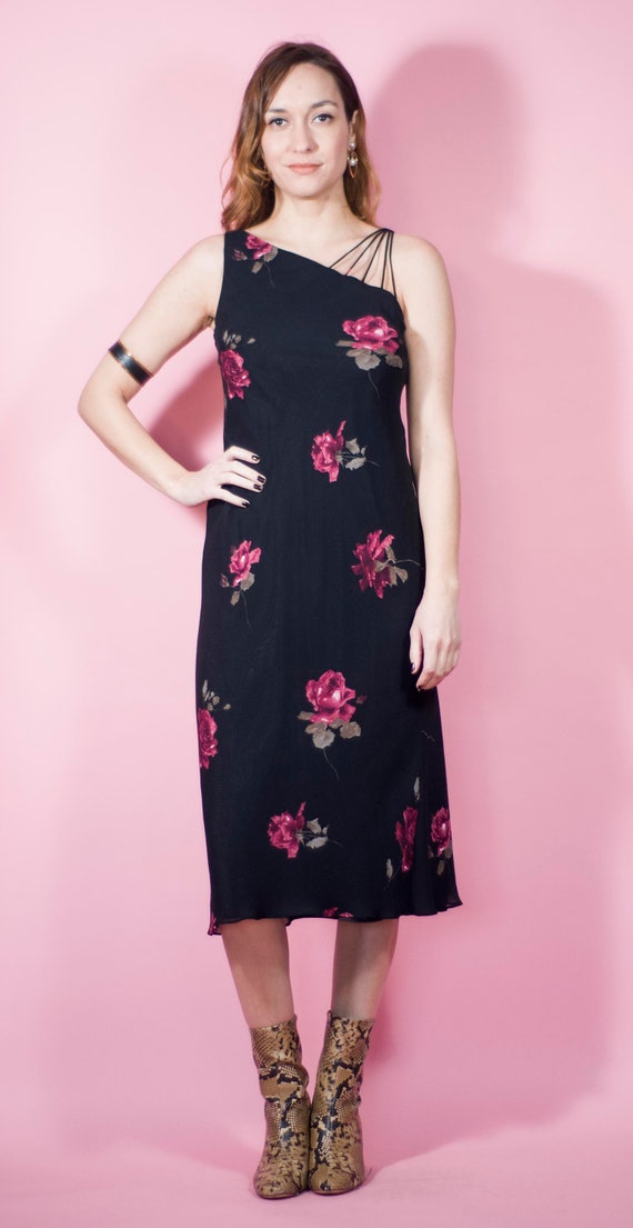 Vintage Floral 90s Rose Print Slip Dress One-Shoulder… - Gem
