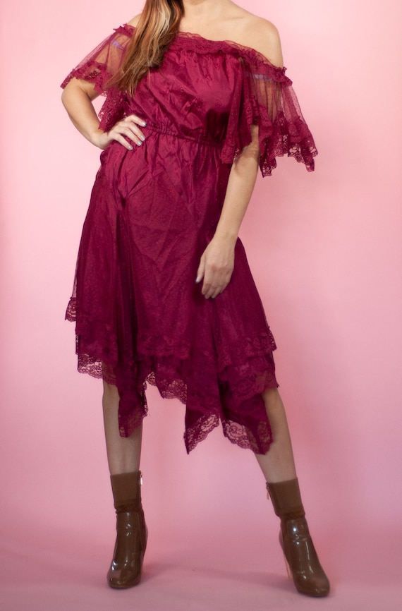 Vintage Dress 70s Off Shoulder Party Dress Raspberry … - Gem