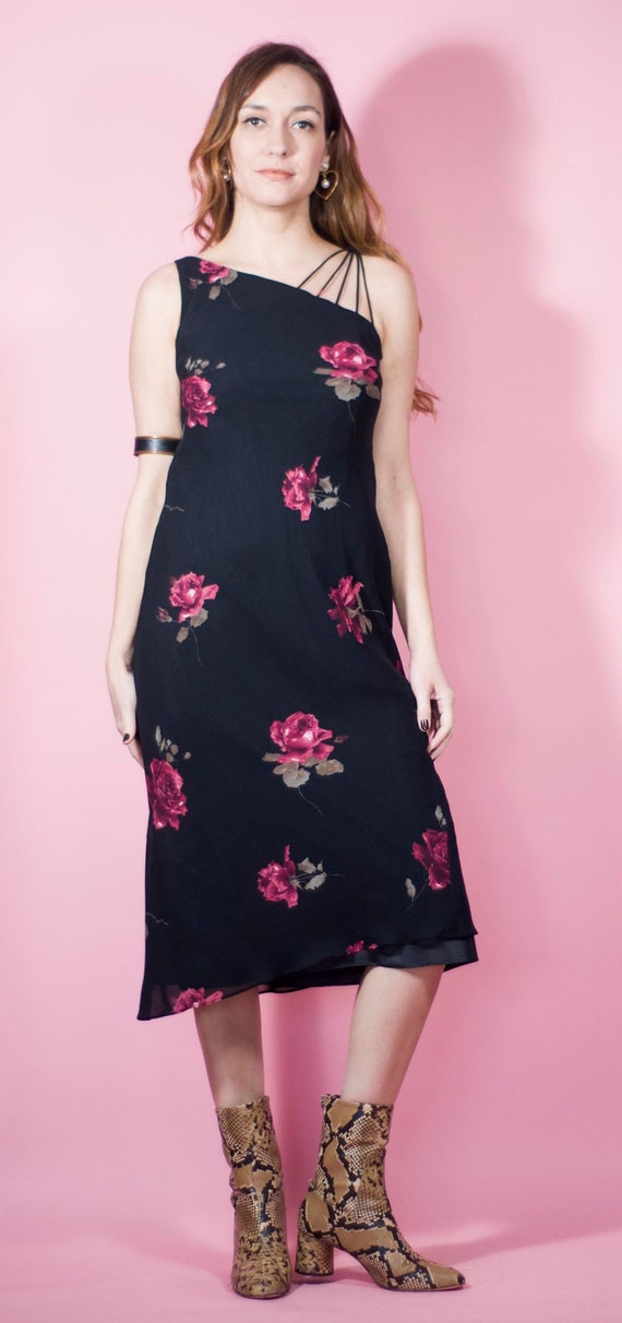 Vintage Floral 90s Rose Print Slip Dress One-Shoulder… - Gem