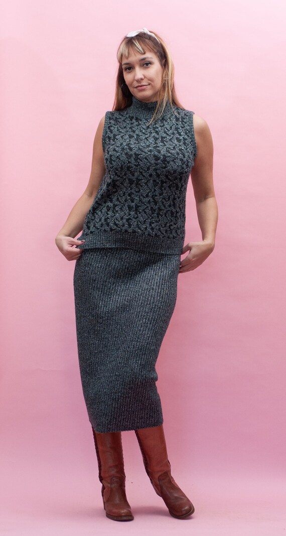 1980 90s Diane VonFurstenberg Knit Two Piece Metallic… - Gem