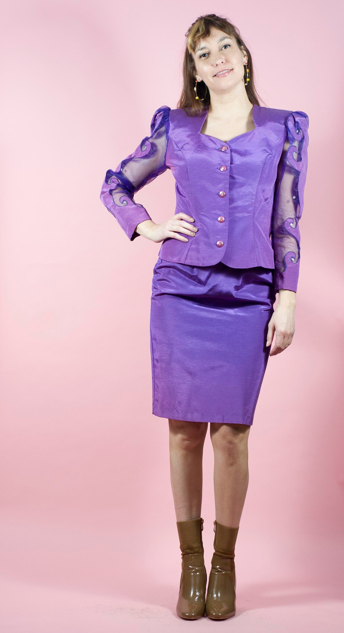 80s Two Piece Suit Mob Wife Avant Garde Purple Party Suit Sheer Swirl ...