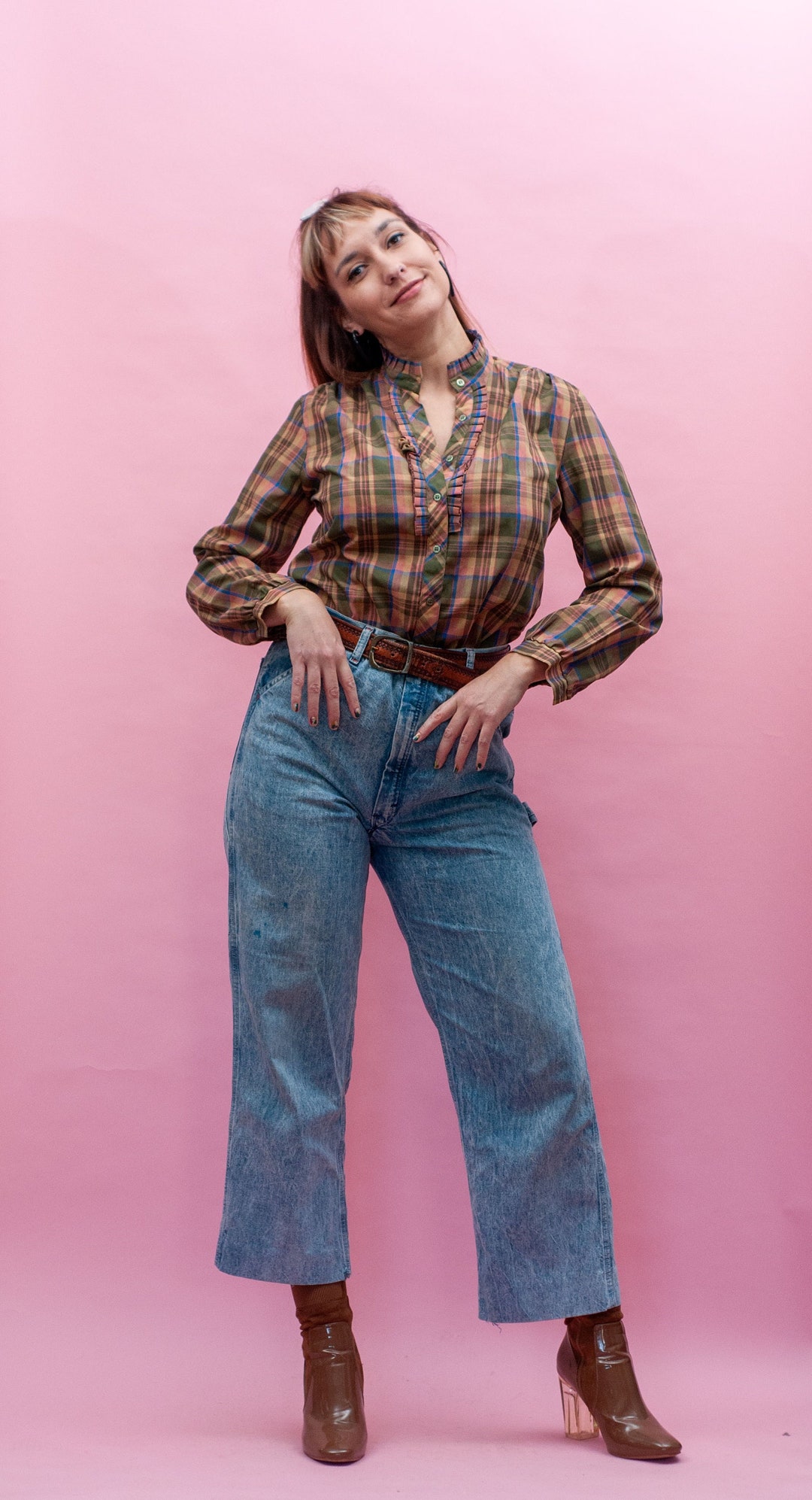 Vintage Plaid Blouse Ruffle Top 80s Warm Neutral Colors Cozy Shirt for ...