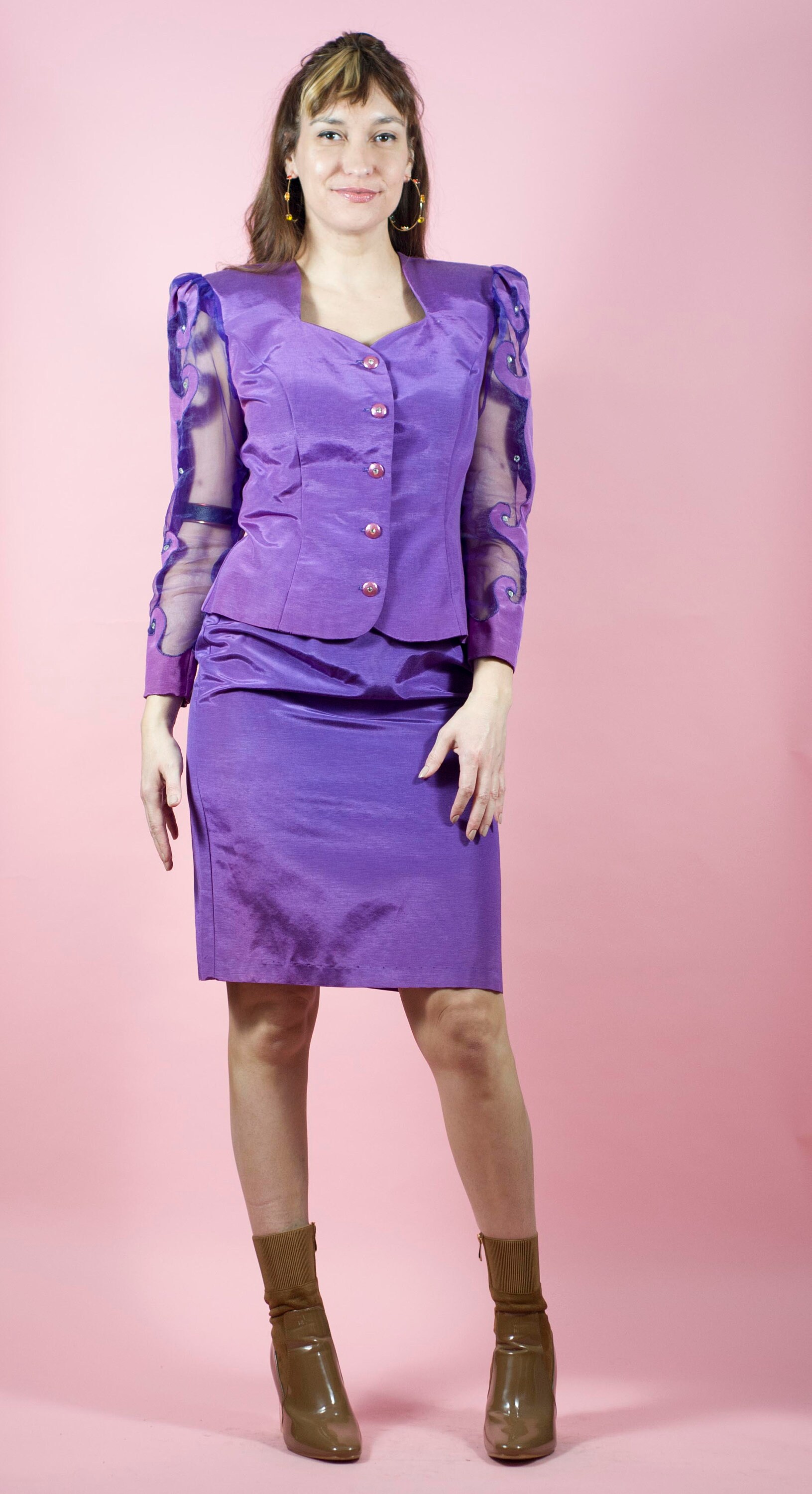 80s Two Piece Suit Mob Wife Avant Garde Purple Party Suit Sheer Swirl ...
