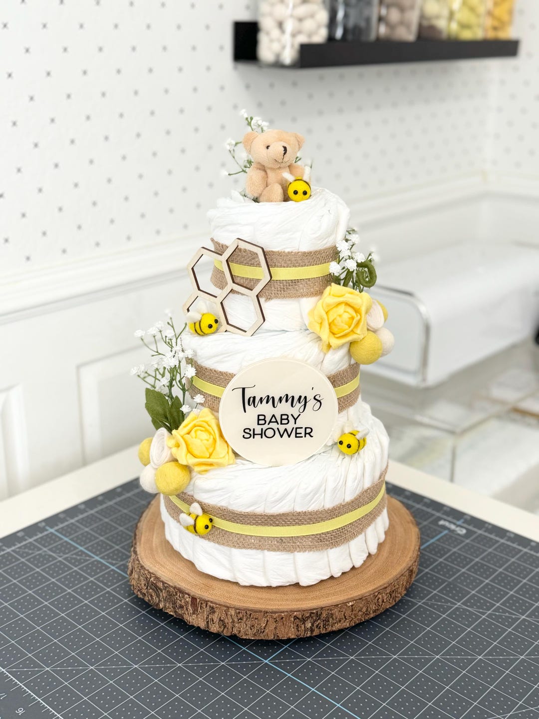 Large Exposed Yellow Bee Themed Diaper Cake W/flowers and Honeycomb ...