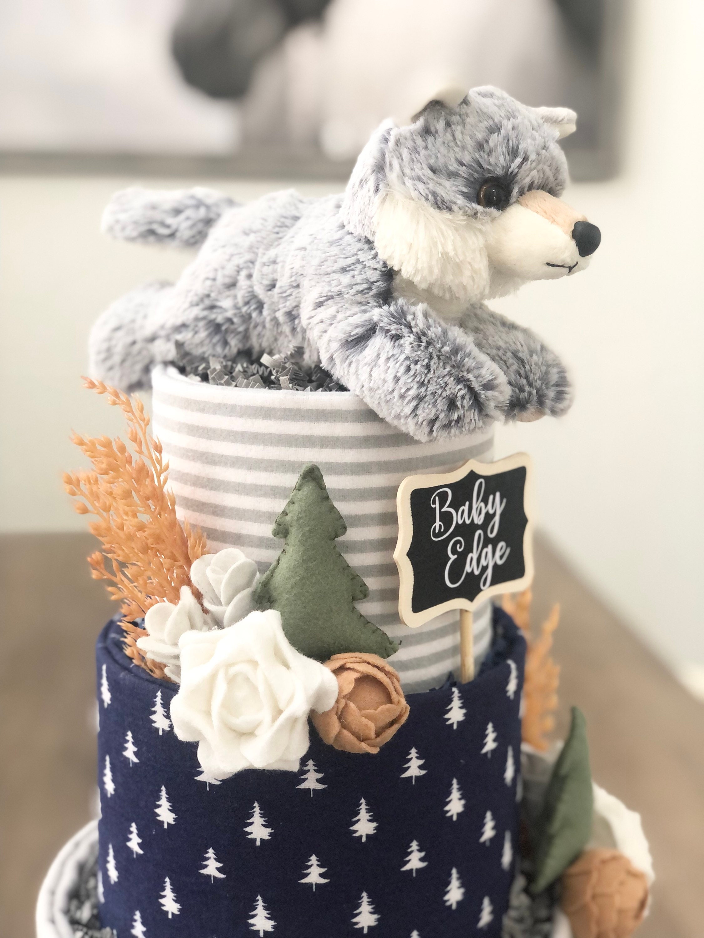 Large Boho Wolf Mountain Adventure Diaper Cake in Navy Blue, White and ...
