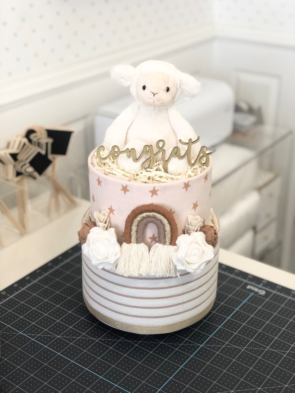 Gender Neutral Gold Beige Boho Rainbow Lamb Star Diaper Cake Birthday ...