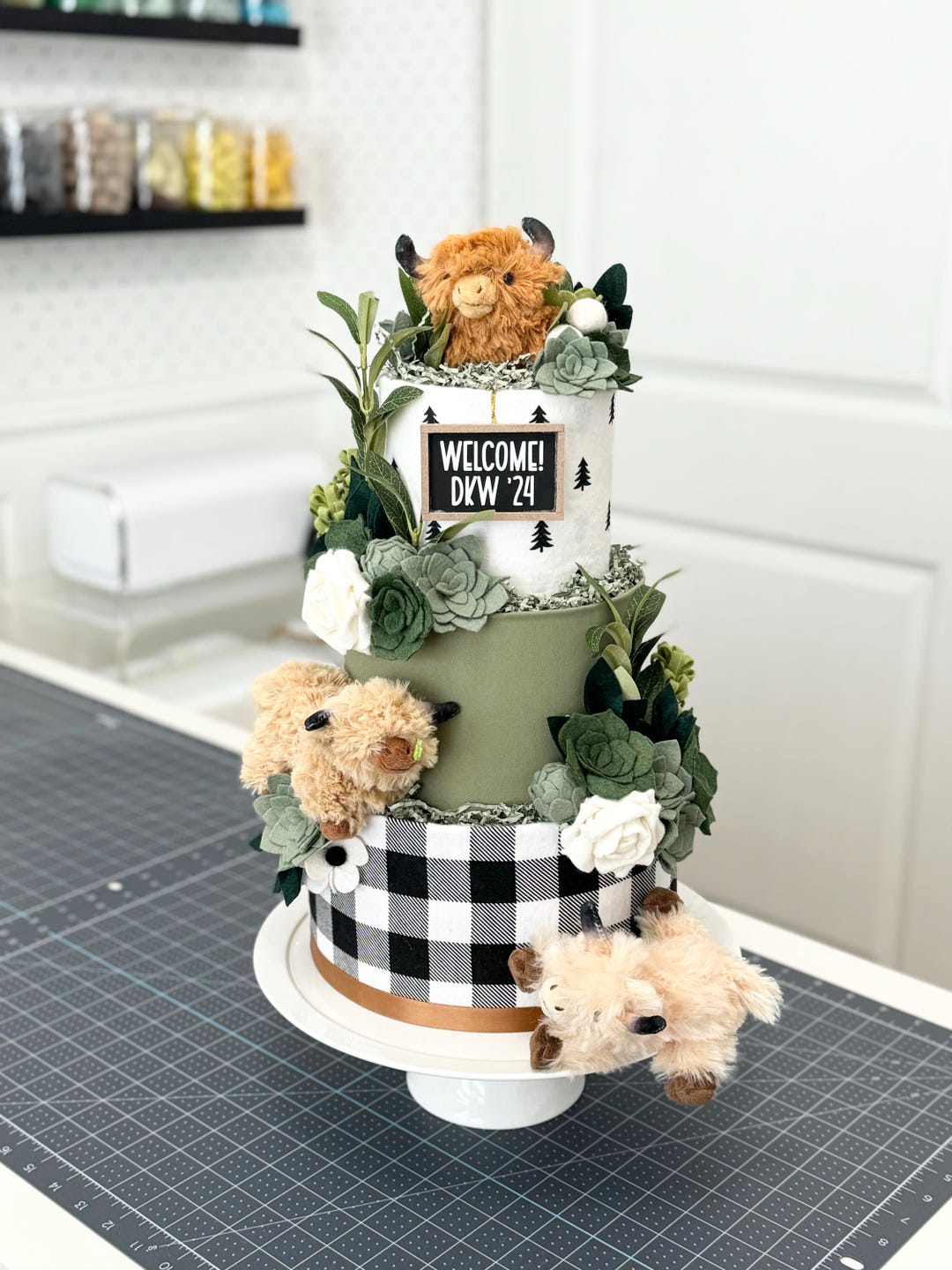 Large Sage Green, Black and White Highlands Cow + Succulents Diaper ...