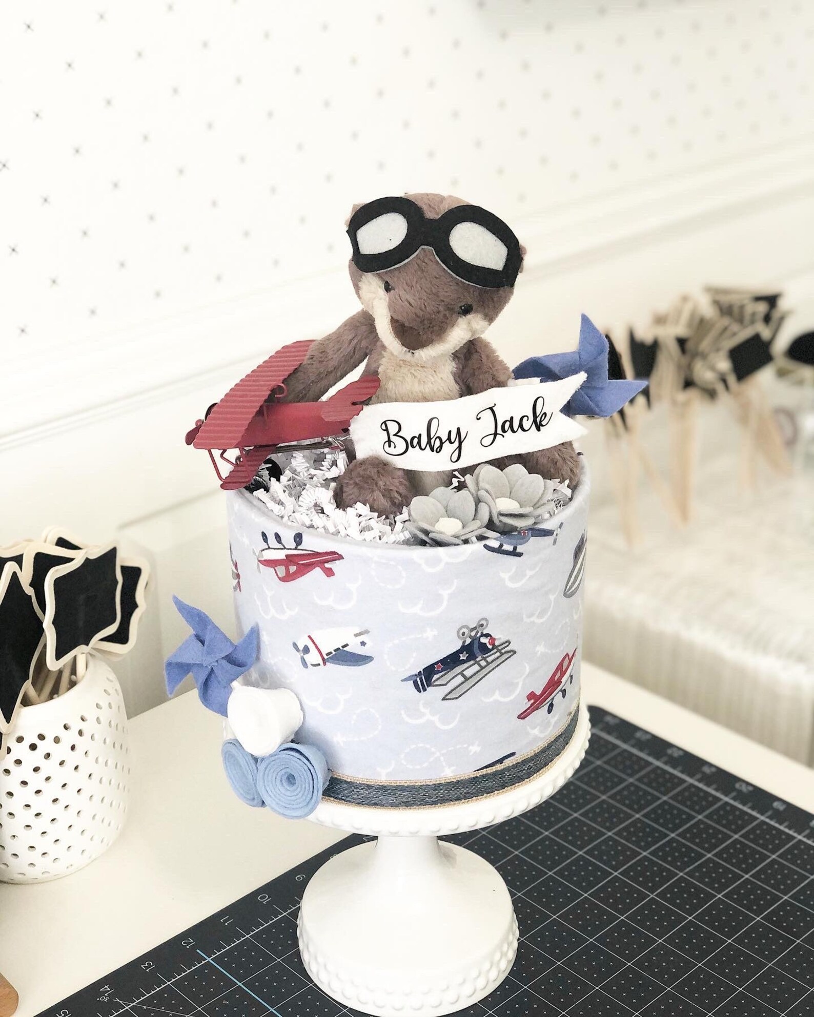 Otter Aviator Blue Red Airplane Flying Adventure Mini Diaper Cake Baby ...