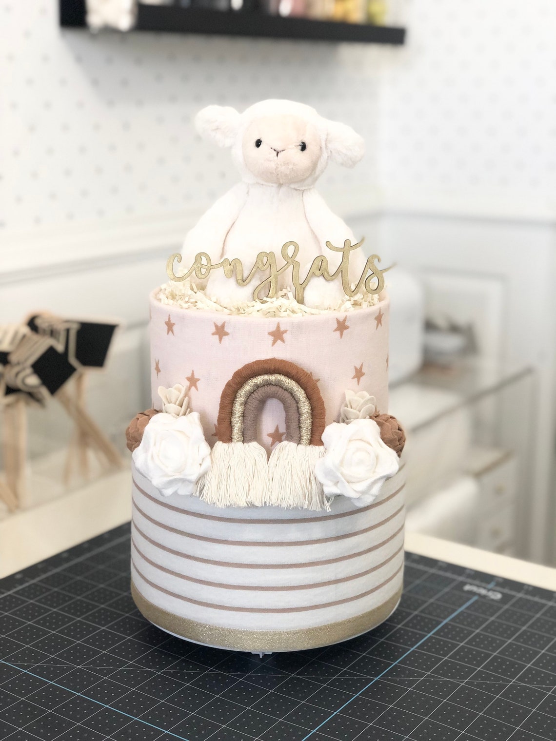 Gender Neutral Gold Beige Boho Rainbow Lamb Star Diaper Cake Birthday ...
