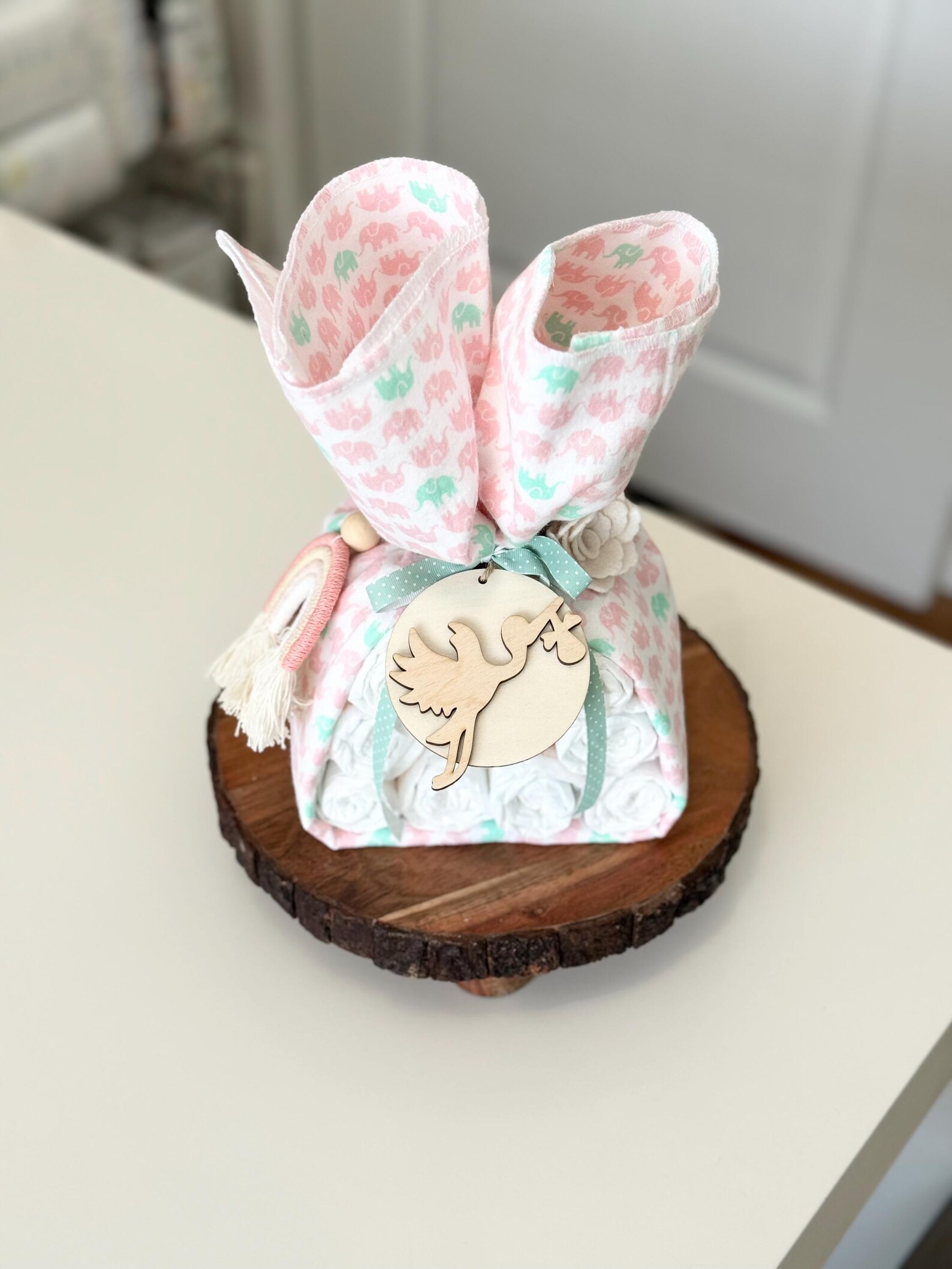 Pink Mint Rainbow Stork Bundle Diaper Cake - Baby Shower Gift ...