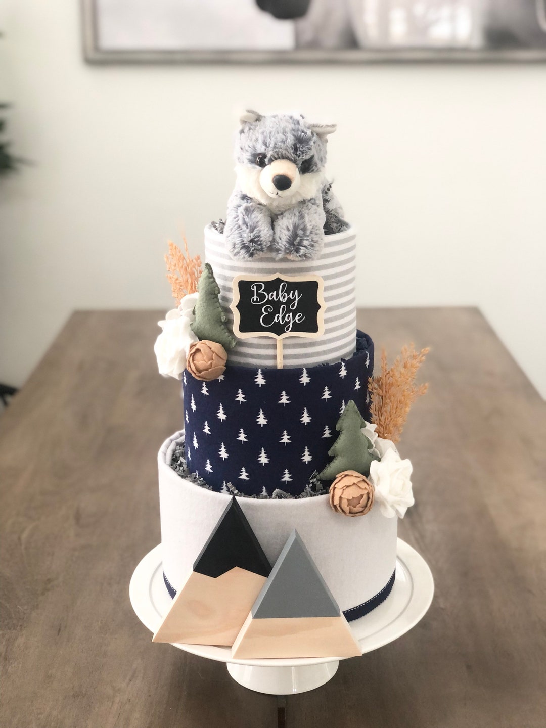 Large Boho Wolf Mountain Adventure Diaper Cake in Navy Blue, White and ...