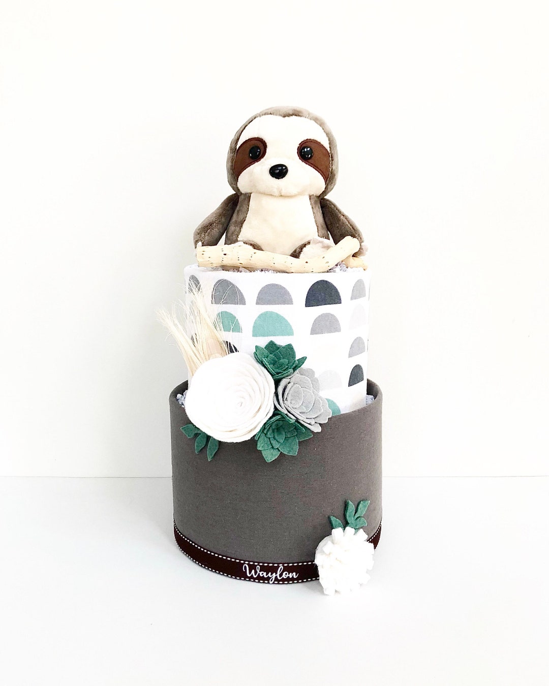 Small Sage Green & Gray Baby Sloth Diaper Cake Baby Shower Birthday ...
