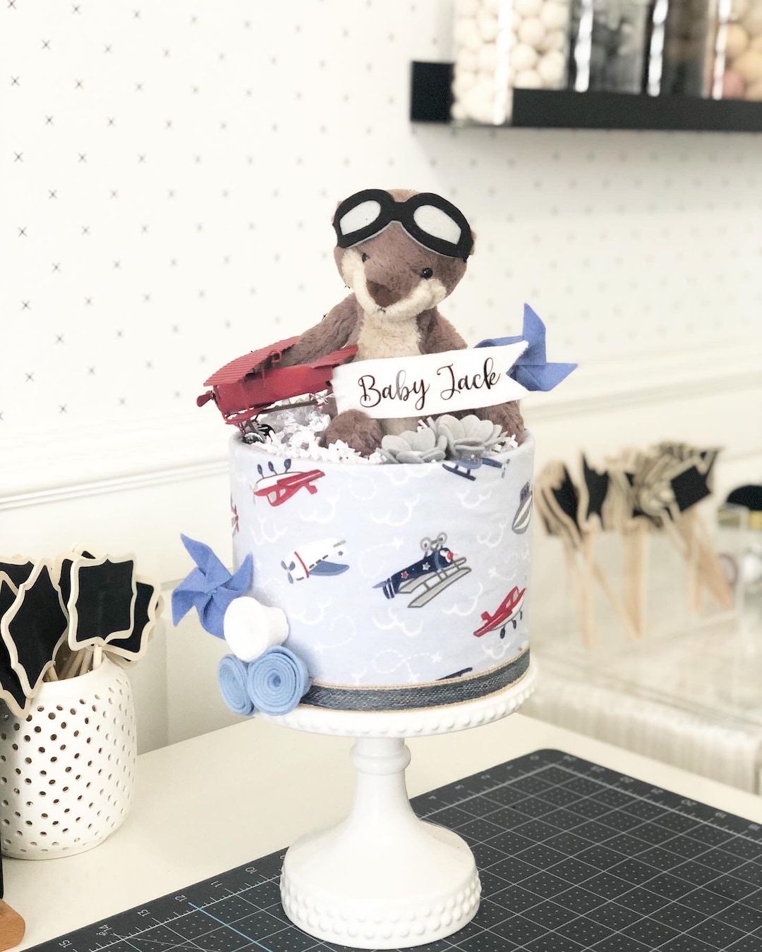 Otter Aviator Blue Red Airplane Flying Adventure Mini Diaper Cake Baby ...