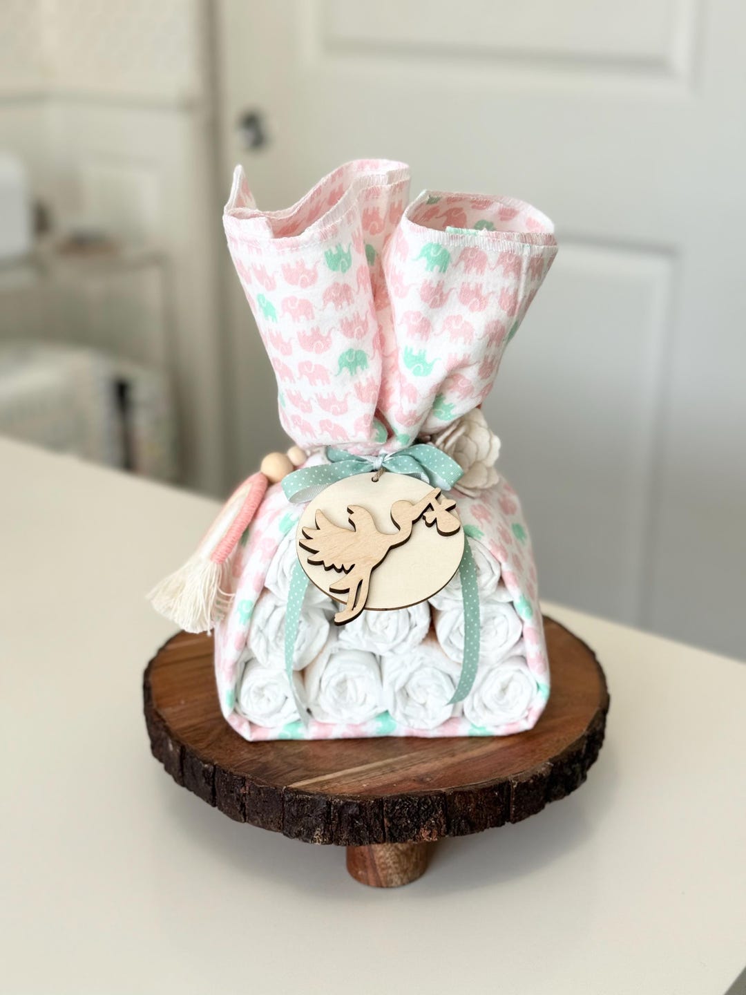 Pink Mint Rainbow Stork Bundle Diaper Cake - Baby Shower Gift ...