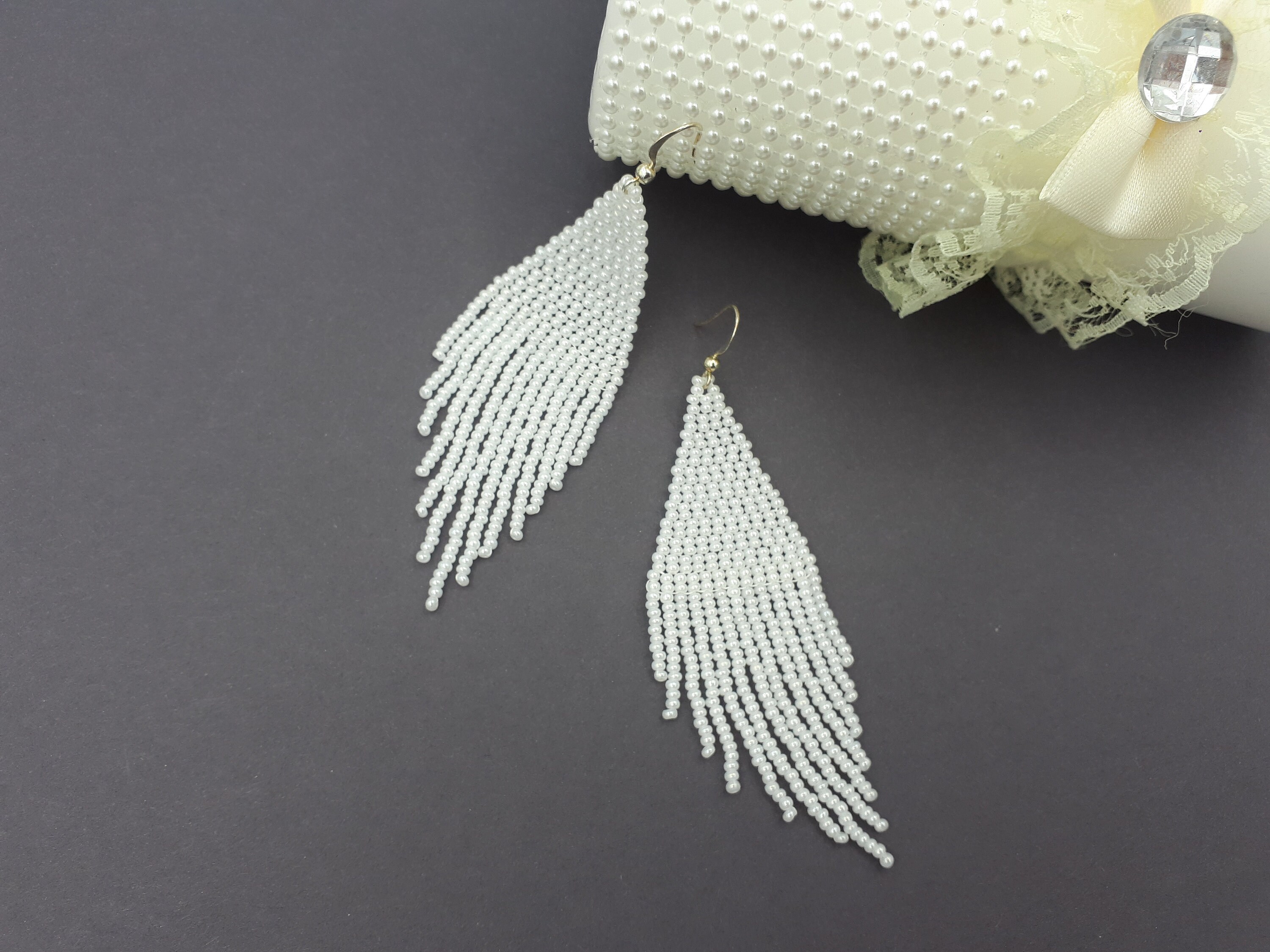 Pearly White Beaded Earrings, Statement Fringe Earrings, Modern Seed ...