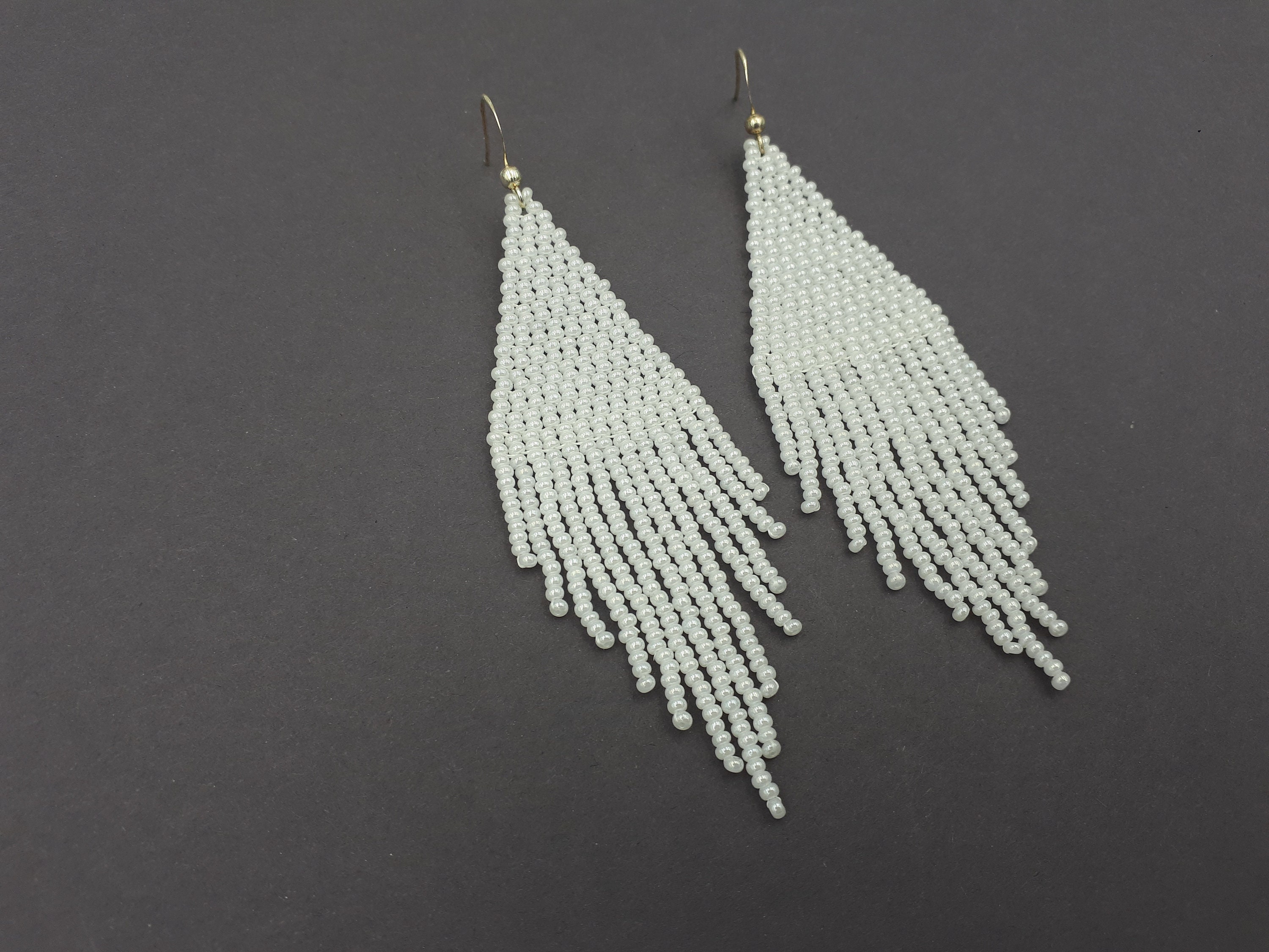 Pearly White Beaded Earrings, Statement Fringe Earrings, Modern Seed ...