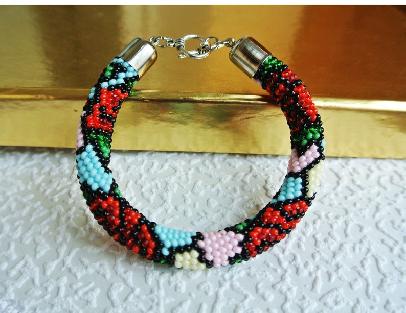 Romantic Bead Crochet Bracelet - Flower Seed Bead Bracelet - Red Roses ...