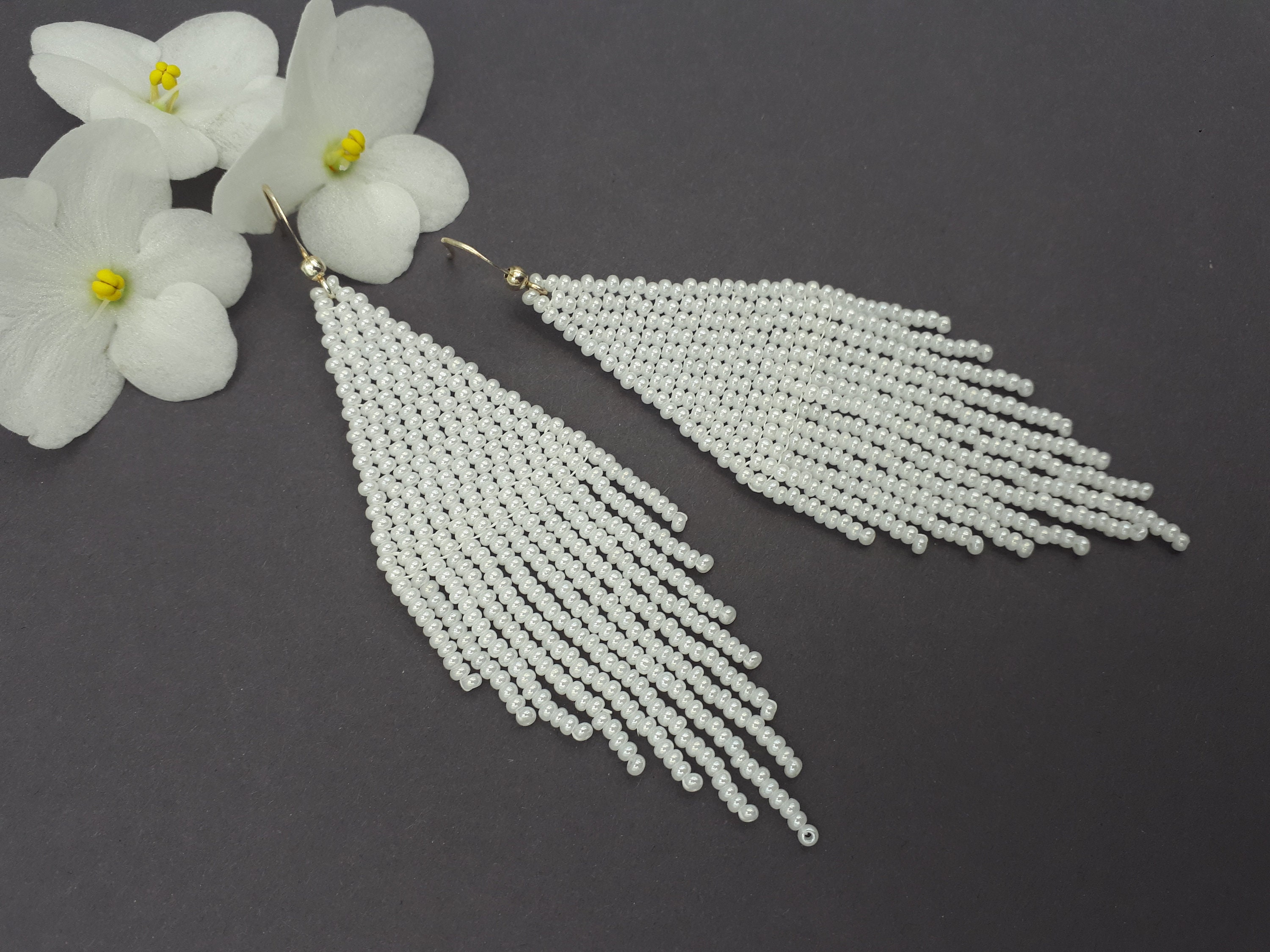 Pearly White Beaded Earrings, Statement Fringe Earrings, Modern Seed ...