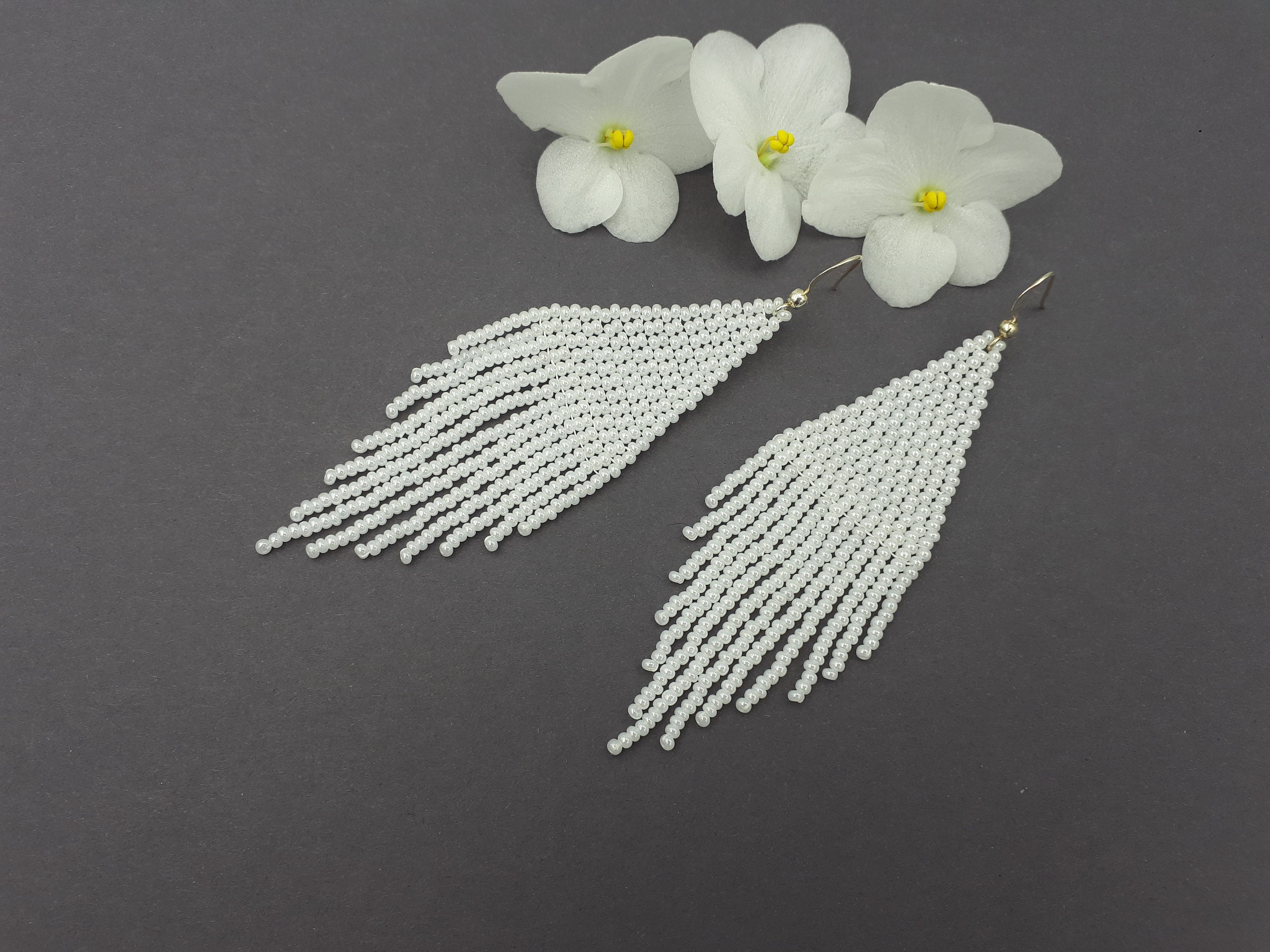 Pearly white beaded earrings Statement fringe earrings | Etsy