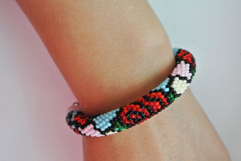 Romantic Bead Crochet Bracelet - Flower Seed Bead Bracelet - Red Roses ...