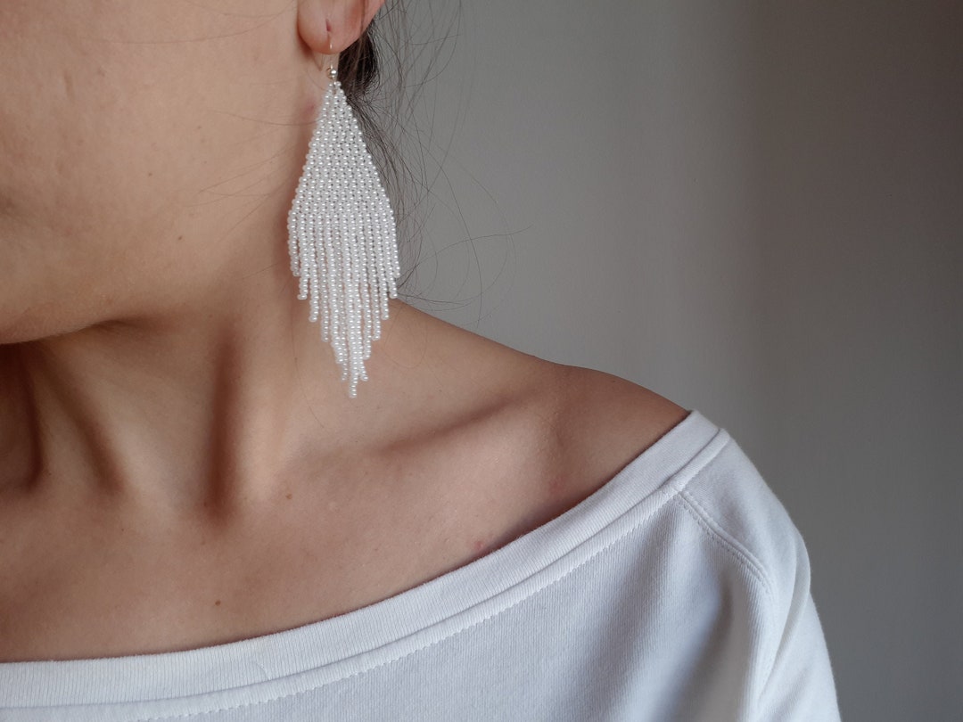 Pearly White Beaded Earrings, Statement Fringe Earrings, Modern Seed ...