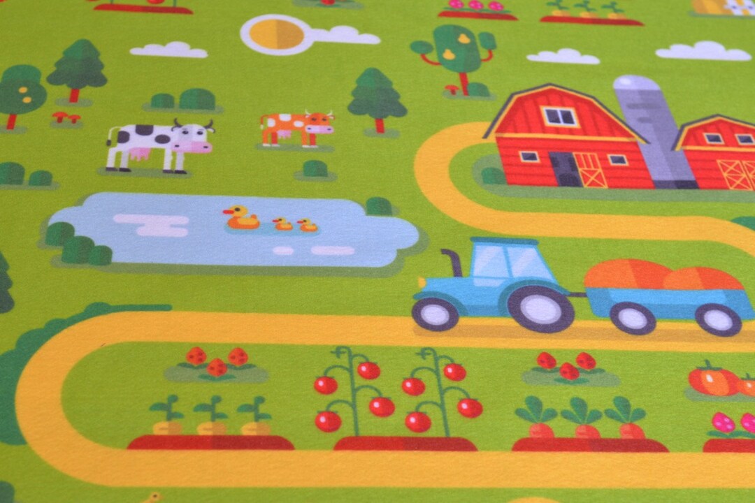 Filz Spielteppich Traktor Bauernhof Tiere Früchte jersey knit fabric ...