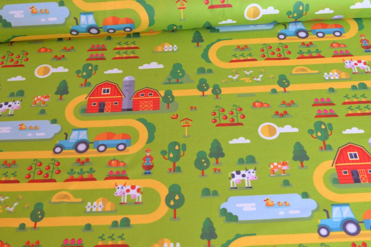 Filz Spielteppich Traktor Bauernhof Tiere Früchte jersey knit | Etsy