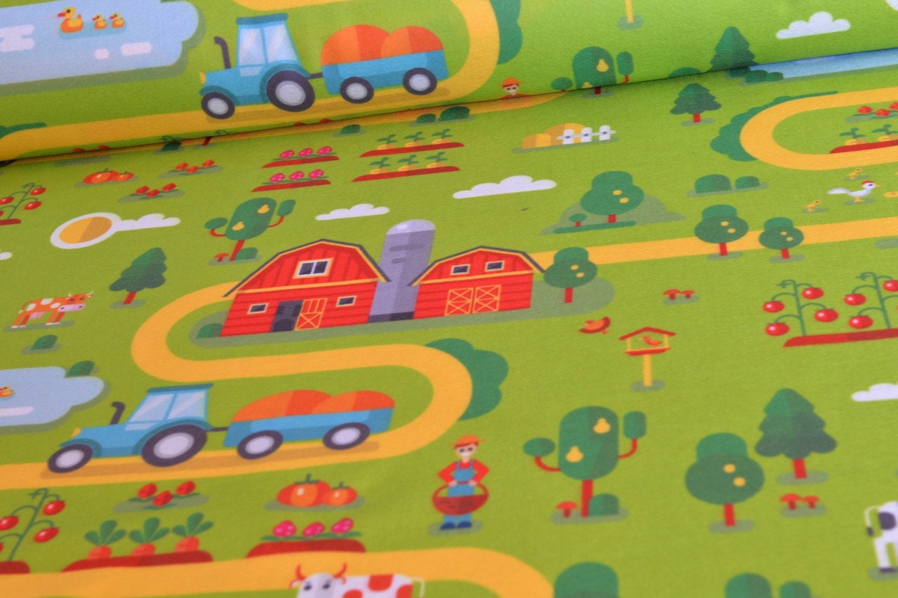 Filz Spielteppich Traktor Bauernhof Tiere Früchte jersey knit fabric ...