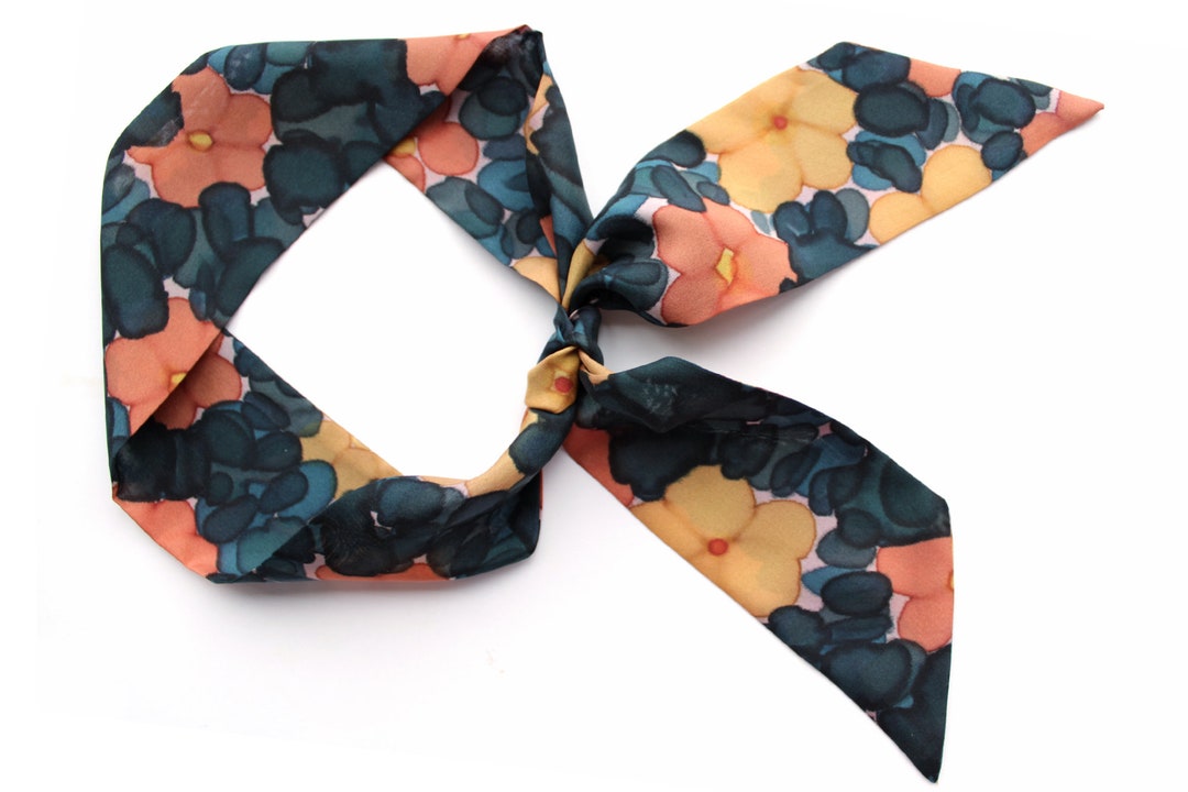 Silk Skinny Scarf HAND-PAINTED in Оrange. Short Neck Scarf Tie. Floral ...