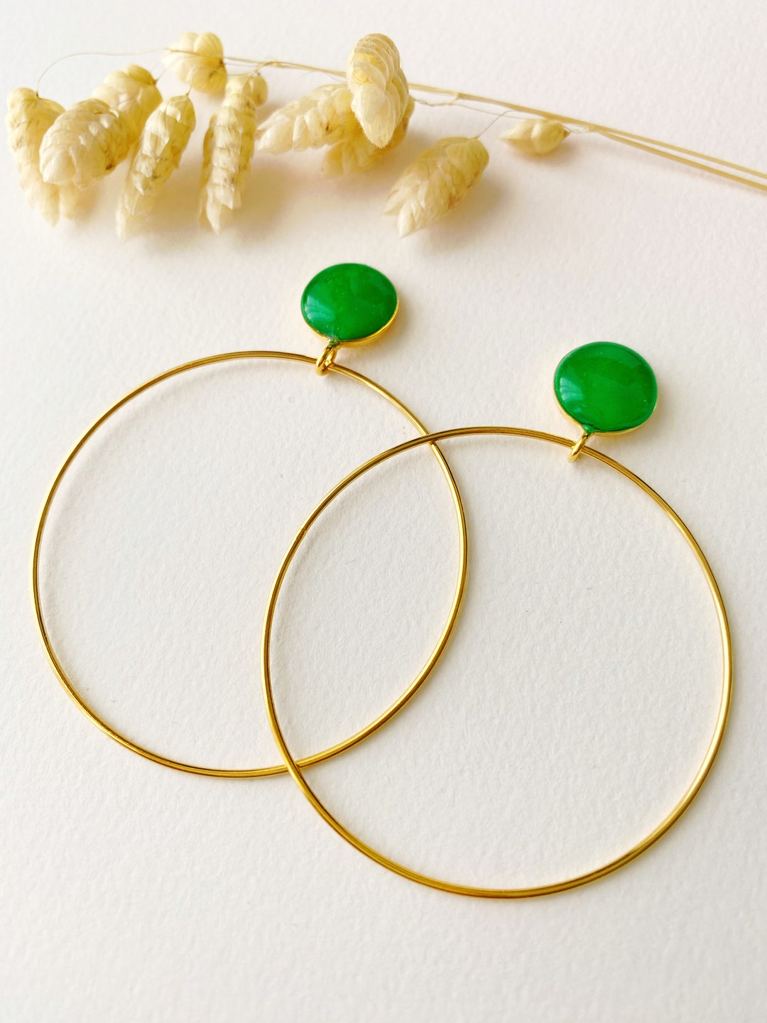 Green and Gold Dangling and Original Earring, ROSE Model, 24K Fine Gold ...