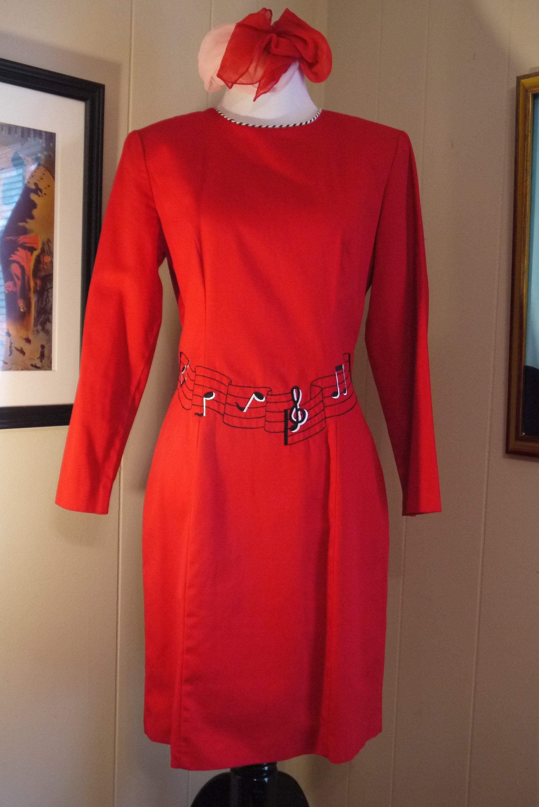 1980s Go Vicki Red Music Note Sheath Dress - Etsy