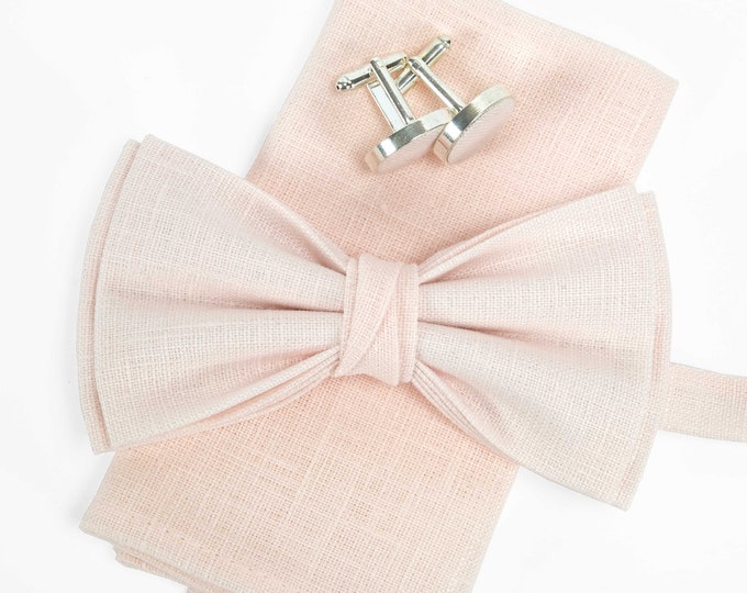 Pale Pink Bow Tie / Pale Pink Linen Bowtie / Pale Pink Pocket Square ...