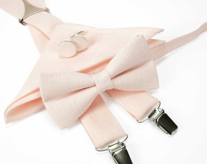 Pale Pink Bow Tie / Pale Pink Linen Bowtie / Pale Pink Pocket Square ...