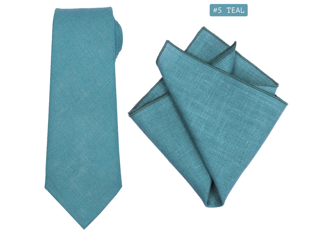 Blue Teal Necktie for Men Made From Linen Fabric / Teal Pocket Square ...